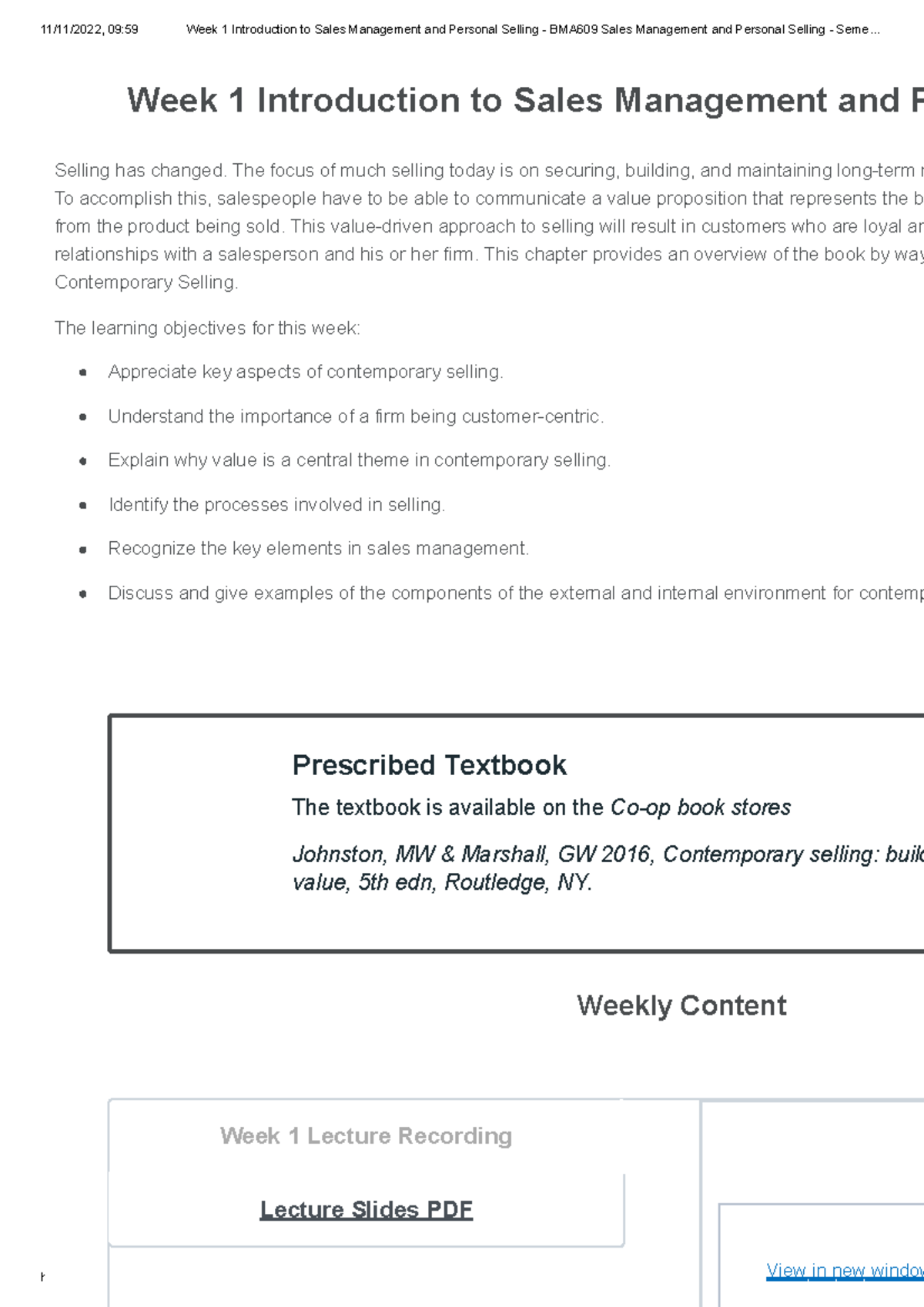 Week 1 Introduction to Sales Management and Personal Selling - BMA609 ...