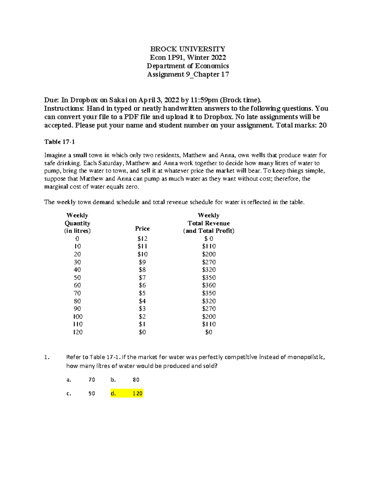 econ assignment 9 - BROCK UNIVERSITY Econ 1P91, Winter 2022 Department ...
