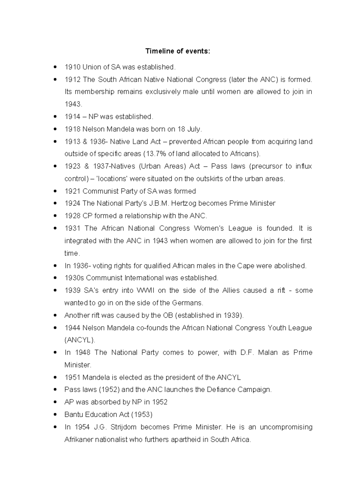 Timeline of Events - Timeline of events: 1910 Union of SA was ...