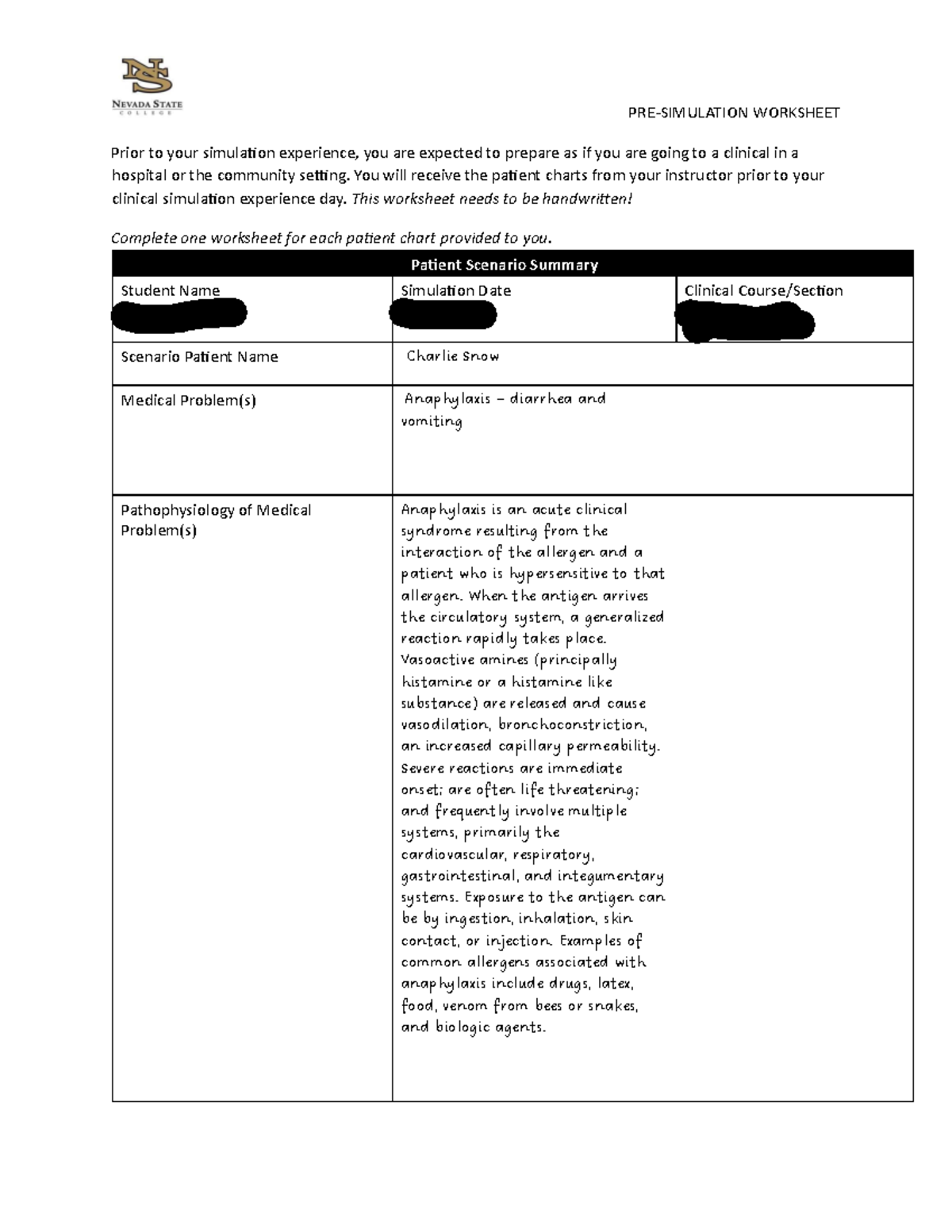 Charlie Snow - assignmet - PRE-SIMULATION WORKSHEET Prior to your simulation experience, you are ...
