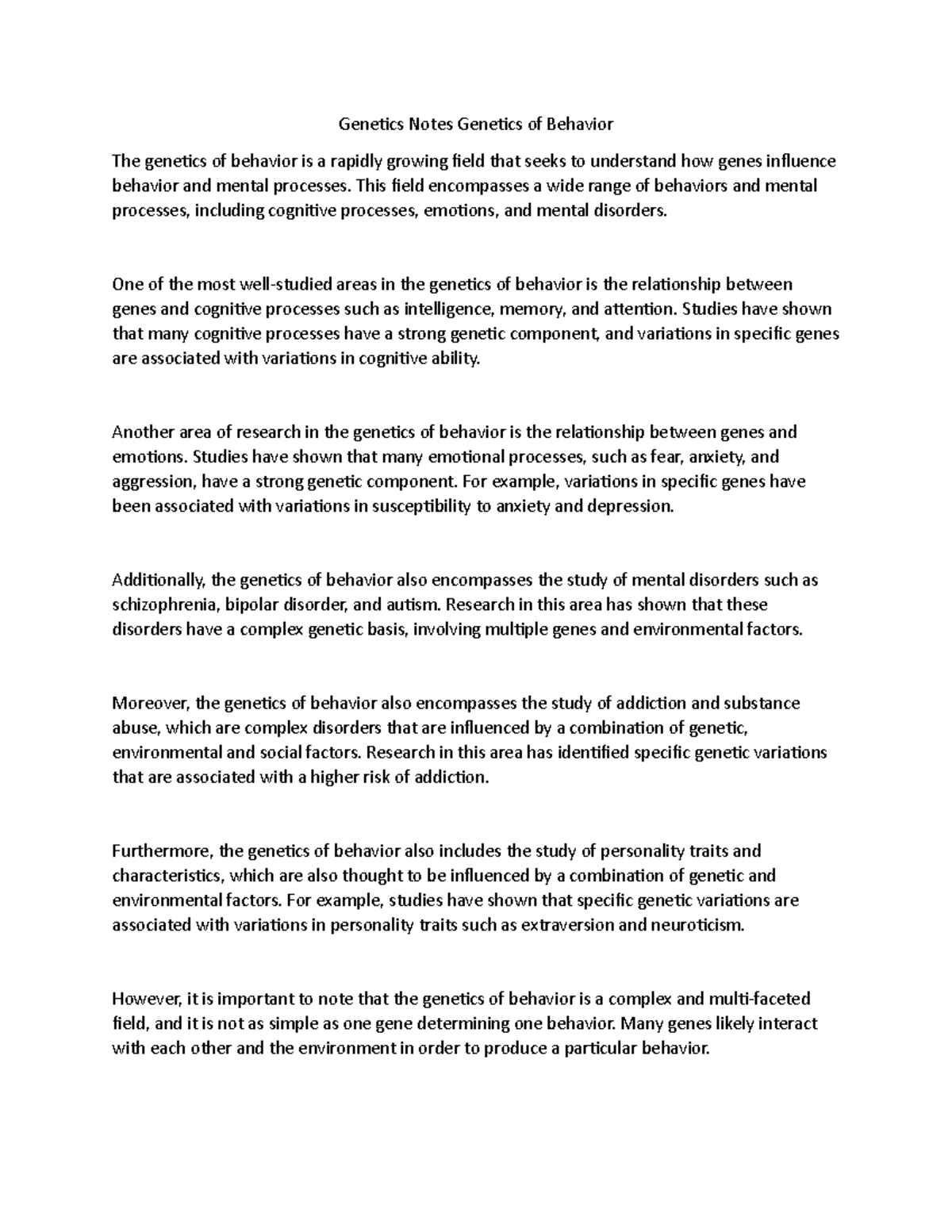 Genetics Notes Genetics of Behavior - This field encompasses a wide ...