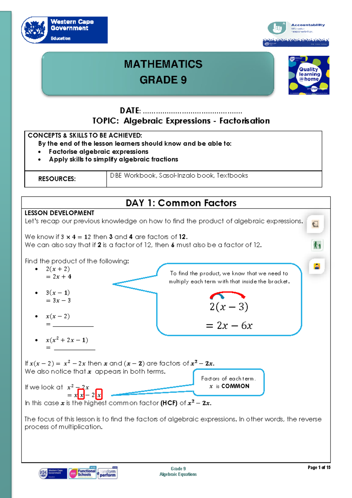 Lesson Plan Gr 9 Term 2 Week 2 3 4 5 Alg Expressions Factorisation Part 2 Page 1 Of 15 Grade