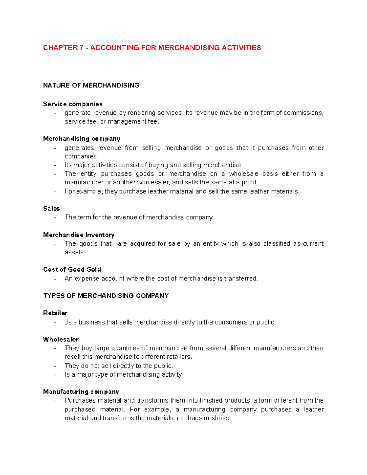 Accounting Chapter 7- 8 - CHAPTER 7 - ACCOUNTING FOR MERCHANDISING ...