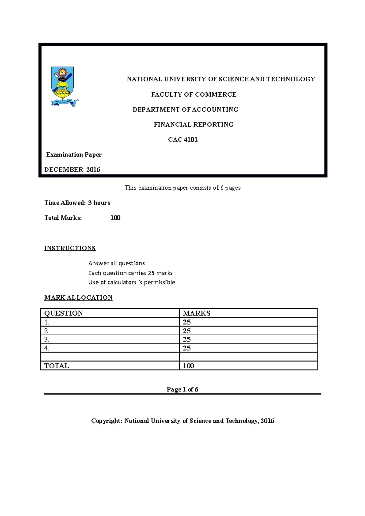 CAC 4101 Past Papers - NATIONAL UNIVERSITY OF SCIENCE AND TECHNOLOGY ...