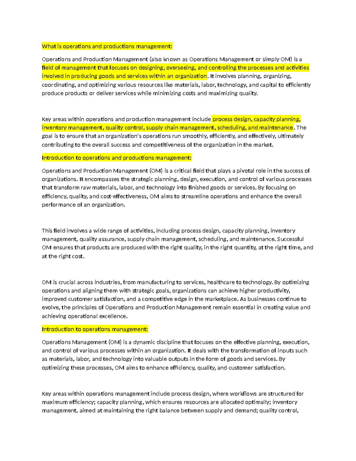 Operations and productions management notes according to outline - What ...