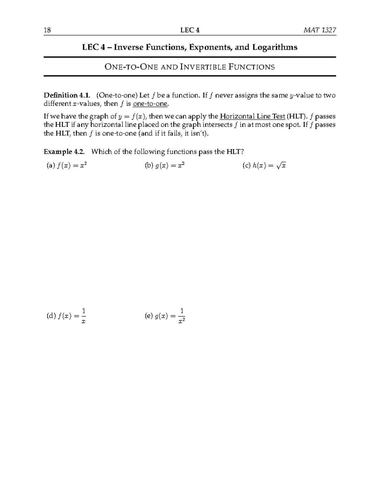 MAT 1327 Lecture 4 - 18 LEC 4 MAT 1327 LEC 4 – Inverse Functions, Exponents, and Logarithms ...