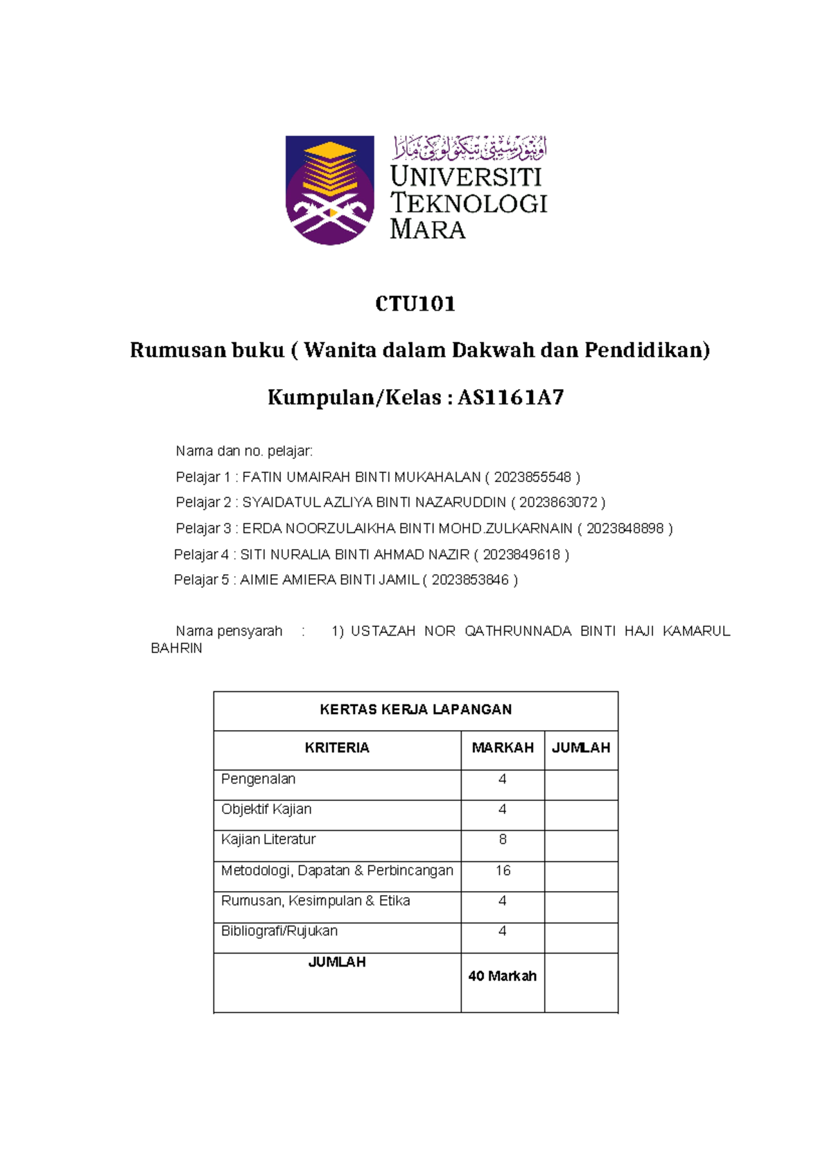 Assignment CTU101 - nothing - CTU Rumusan buku ( Wanita dalam Dakwah dan Pendidikan) Kumpulan ...