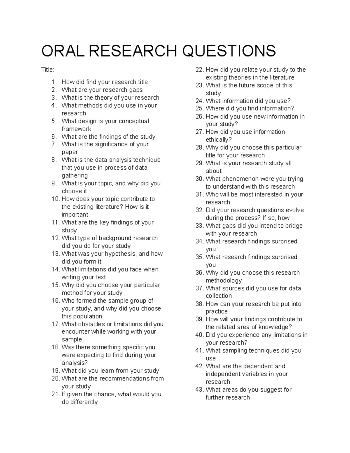 Oral-question-RSH - practical exam - ORAL RESEARCH QUESTIONS Title: How did find your research ...