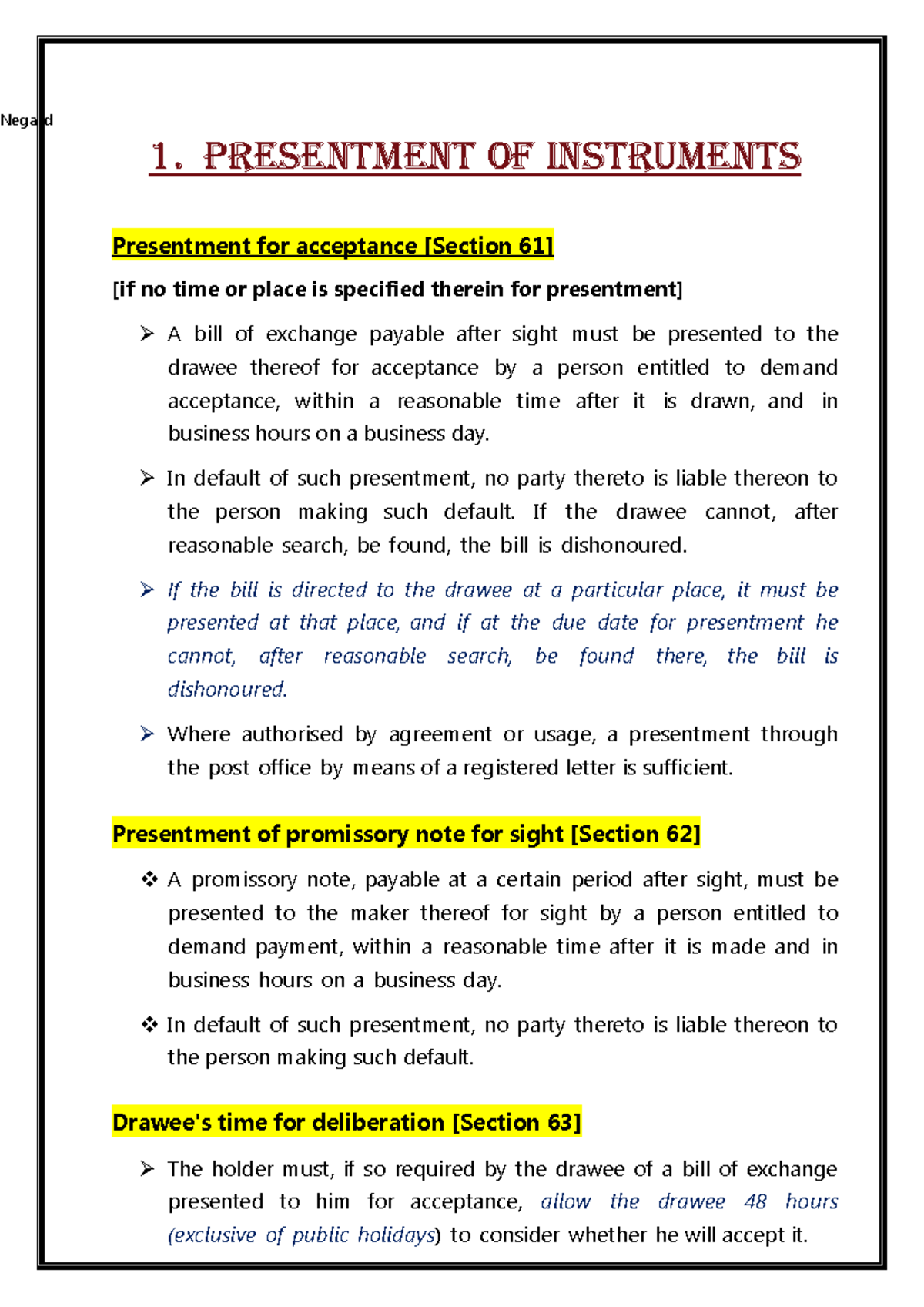 Negotiable Instruments Act Notes Part 3 - Negasd 1. PRESENTMENT OF ...