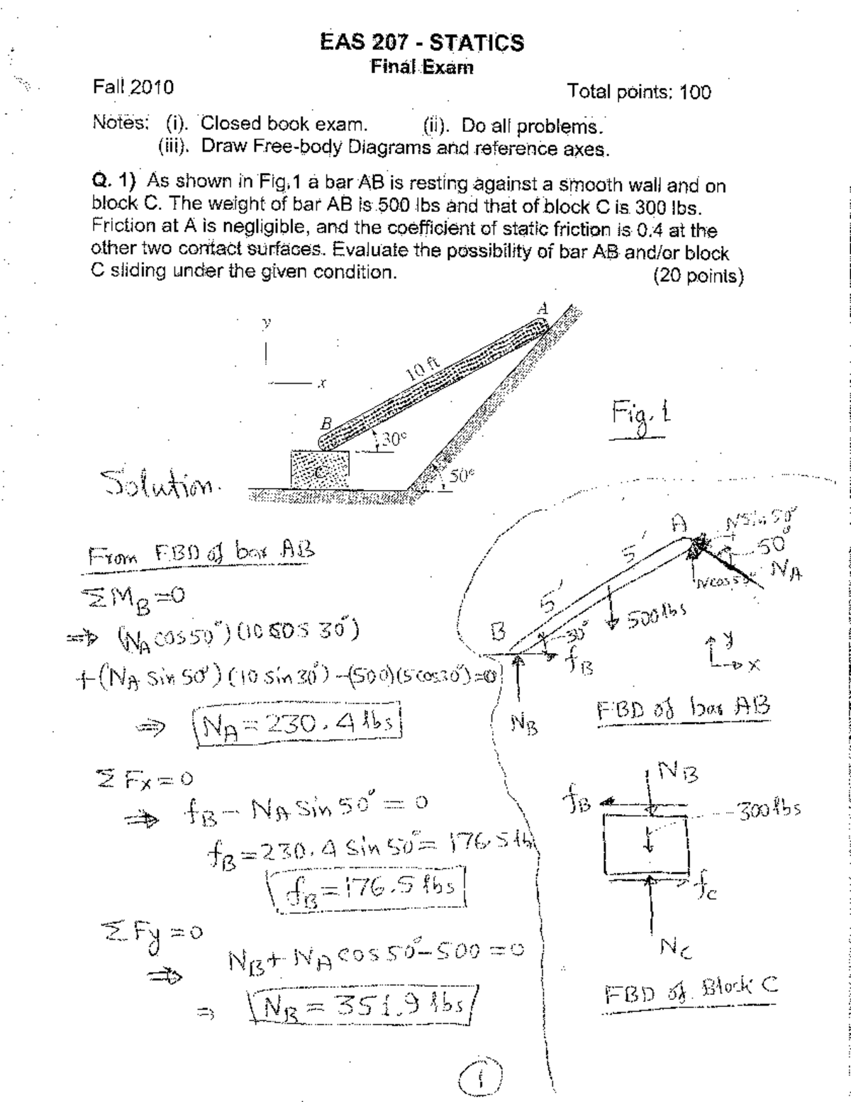 Final exam 2010, questions and answers - EAS 267 - STATICS , Final Exam ...