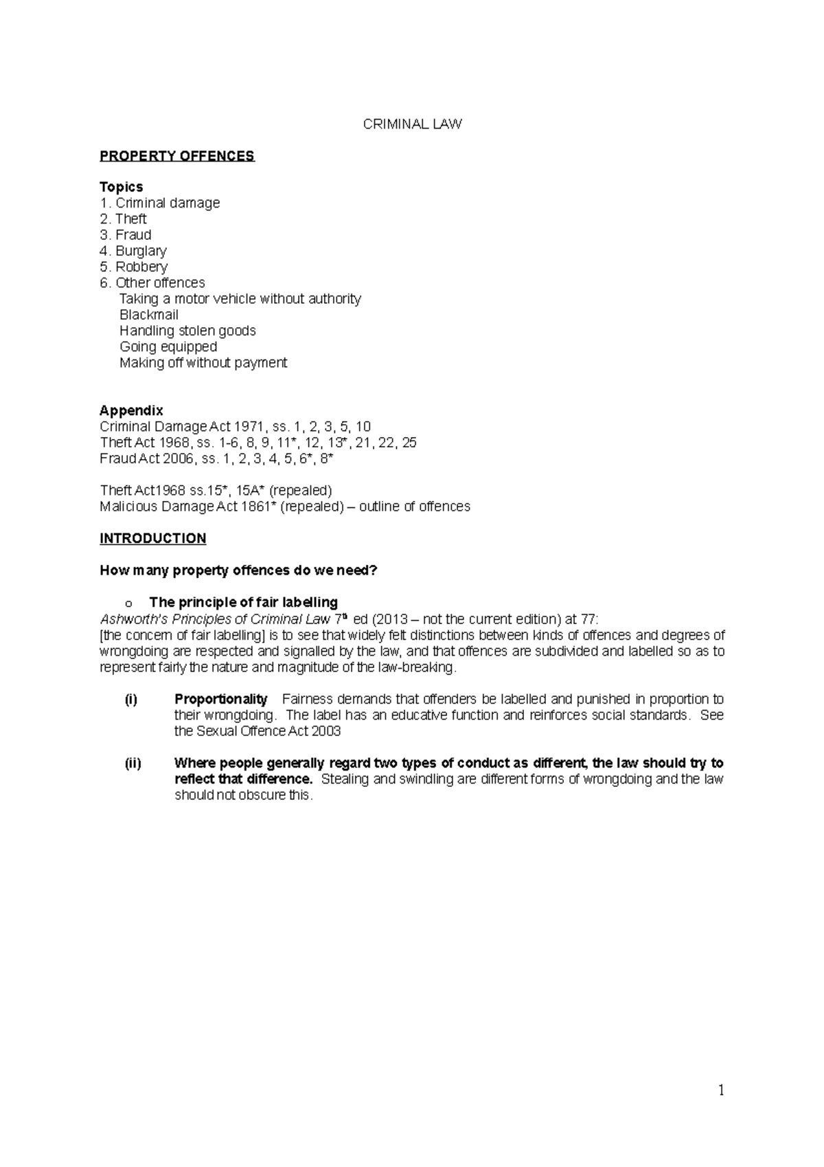 Property Offences - CRIMINAL LAW PROPERTY OFFENCES Topics Criminal ...