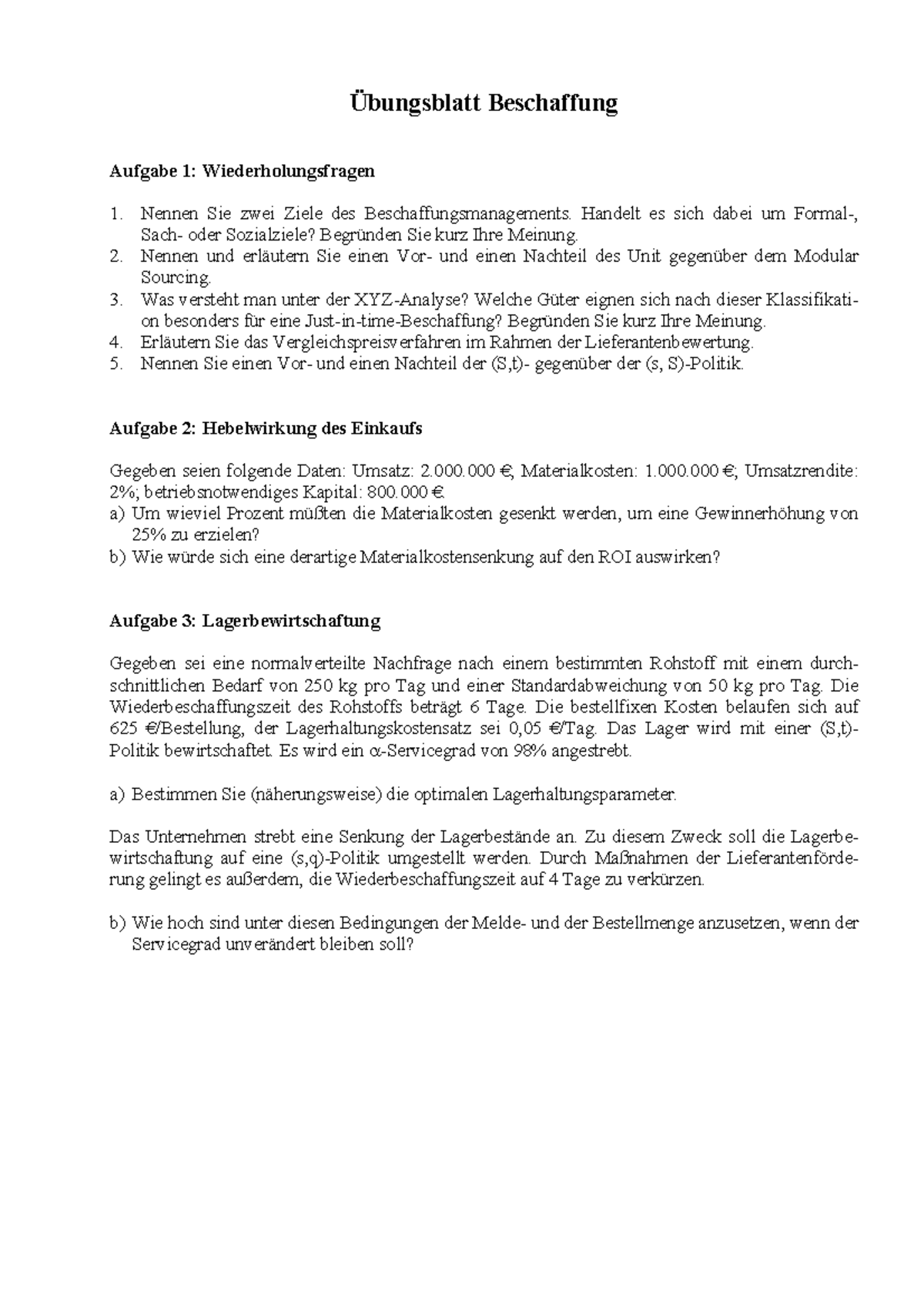U bungsblatt Beschaffung - Übungsblatt Beschaffung Aufgabe 1: Wiederholungsfragen Nennen Sie ...