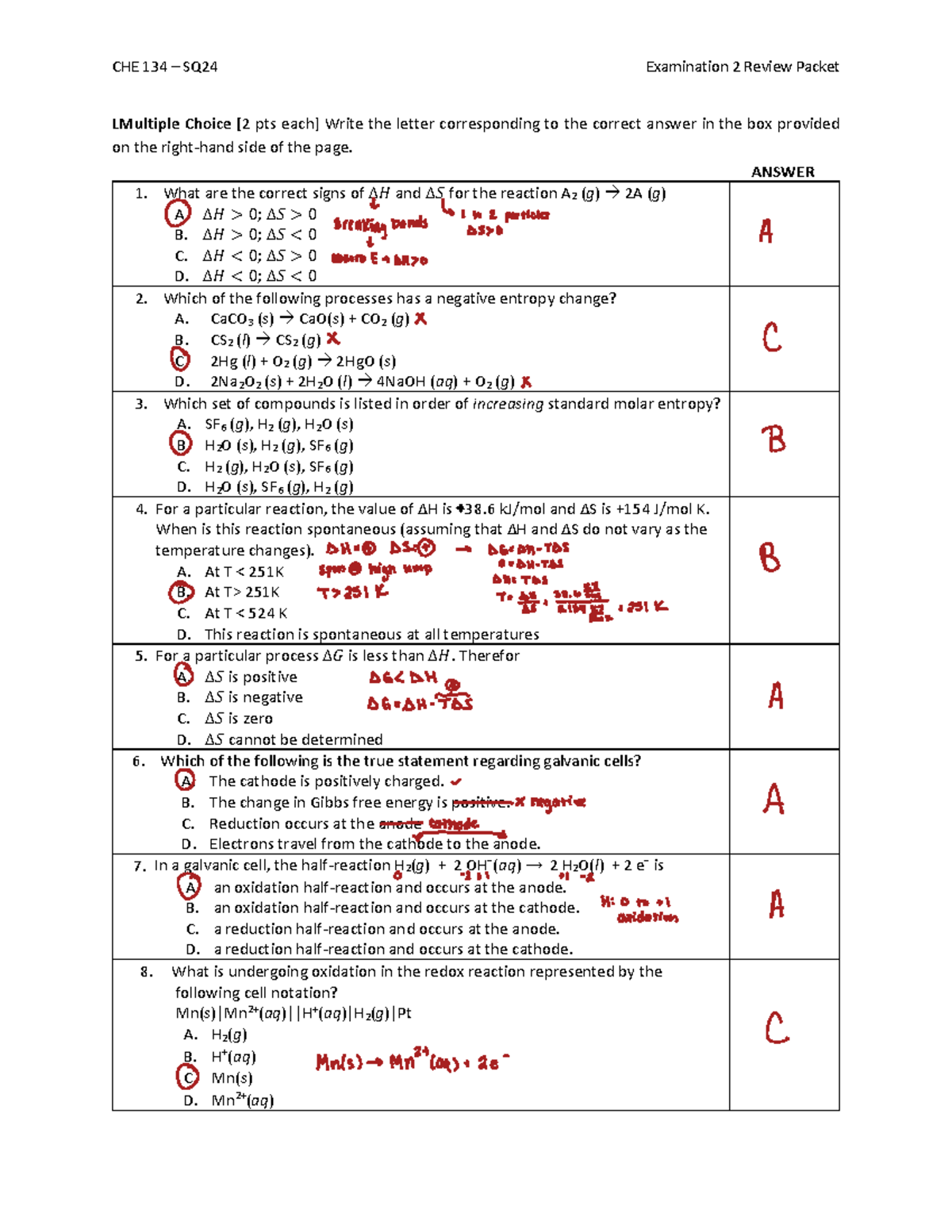 CHE 134 SQ24 Exam 2 review packet Key - LMultiple Choice [2 pts each ...
