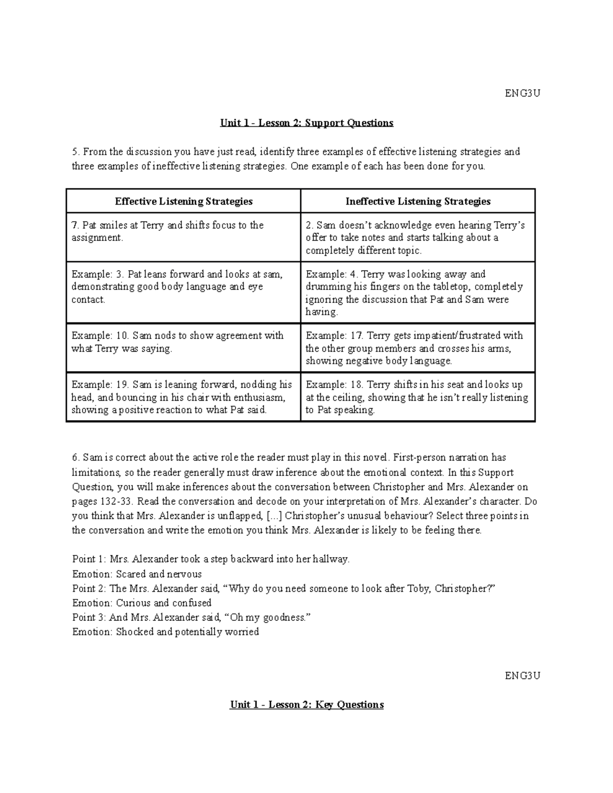 Lesson 2 - ENG3U - ENG3U Unit 1 - Lesson 2: Support Questions From the ...