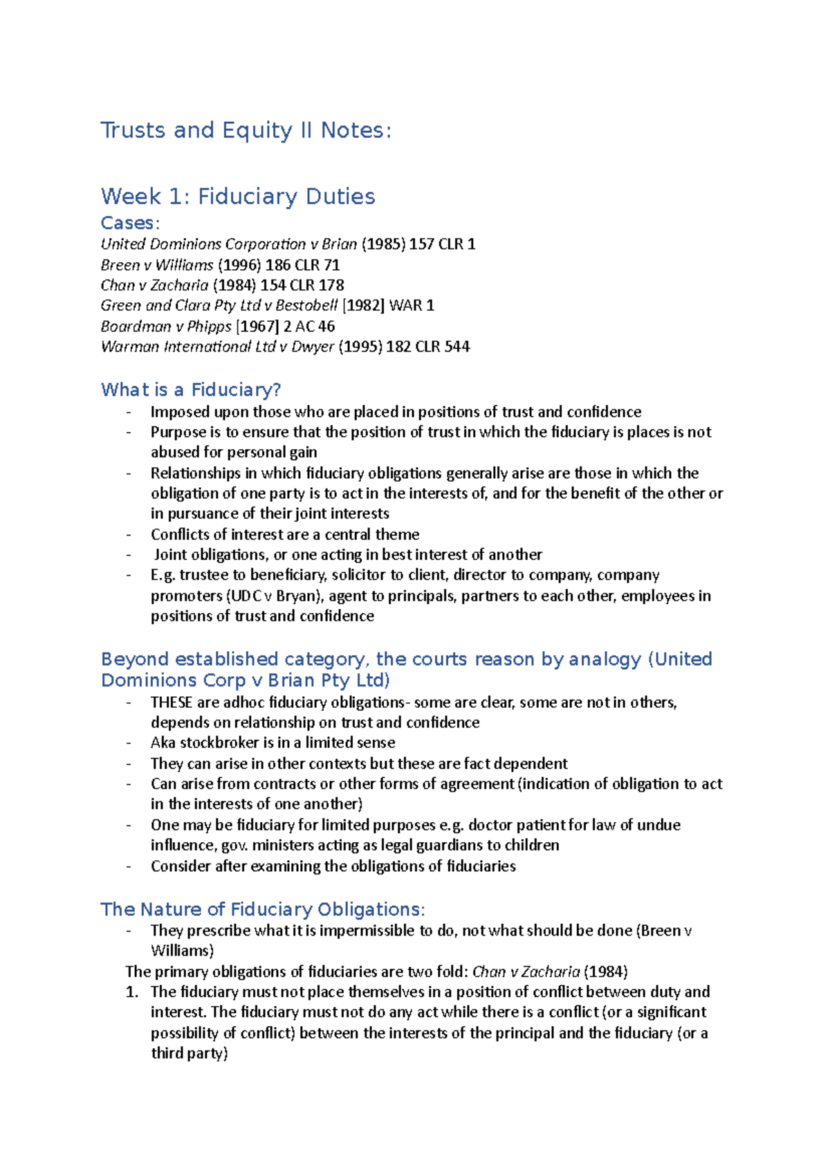 Trusts II Notes - Trusts and Equity II Notes: Week 1: Fiduciary Duties ...