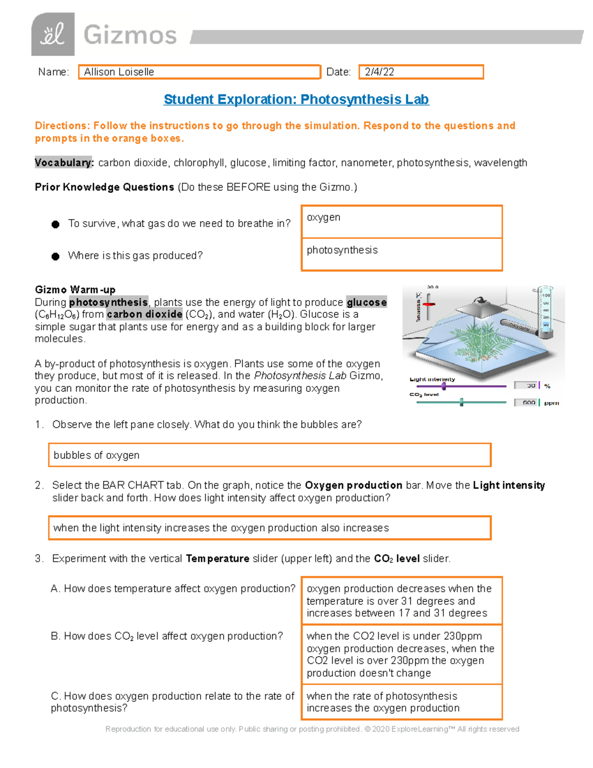 Photosynthesis Lab Gizmos SE Sheet - Name: Allison Loiselle Date: 2/4 ...
