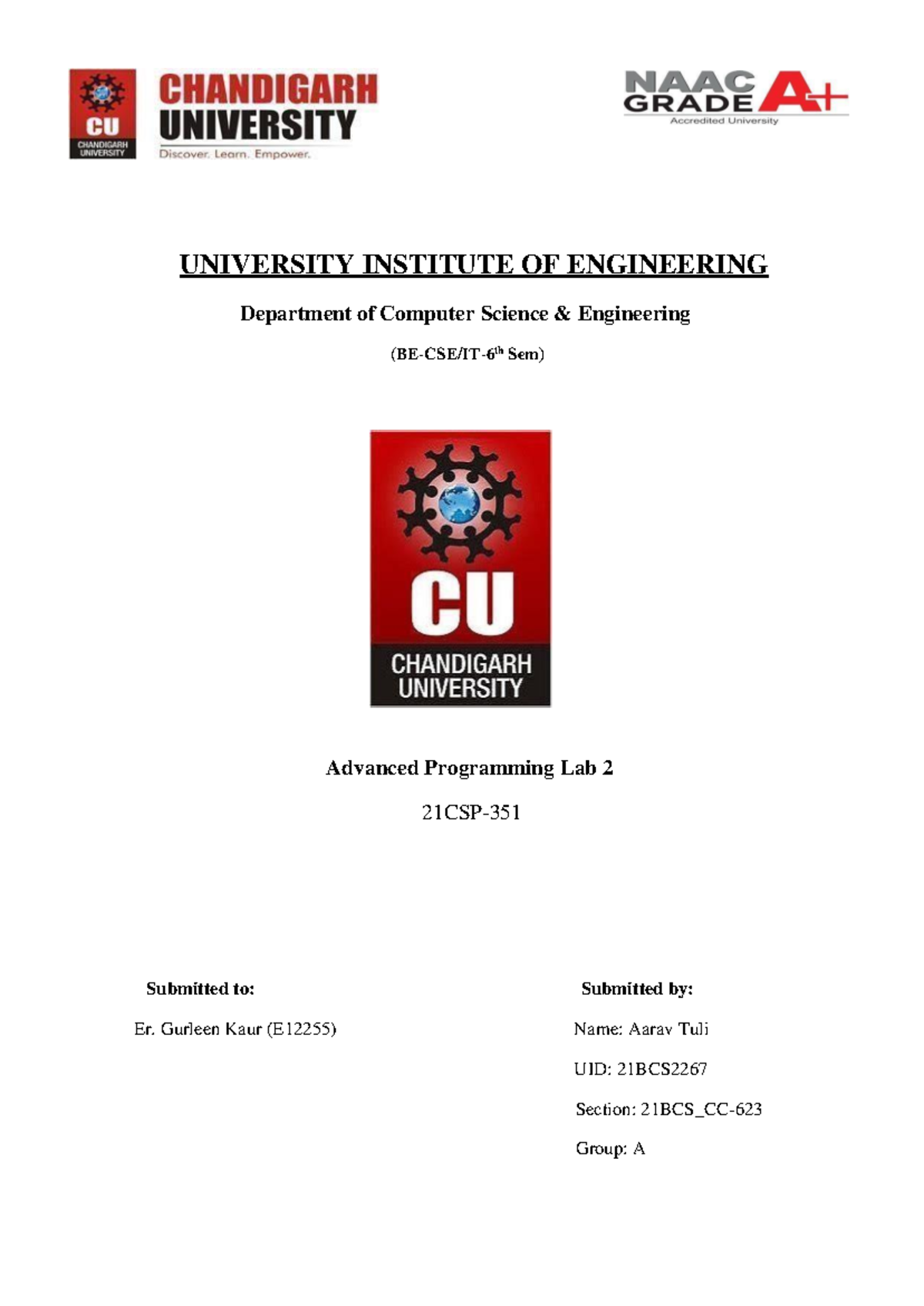 Aarav Tuli AP - index - Advanced Programming LAB - UNIVERSITY INSTITUTE OF ENGINEERING ...