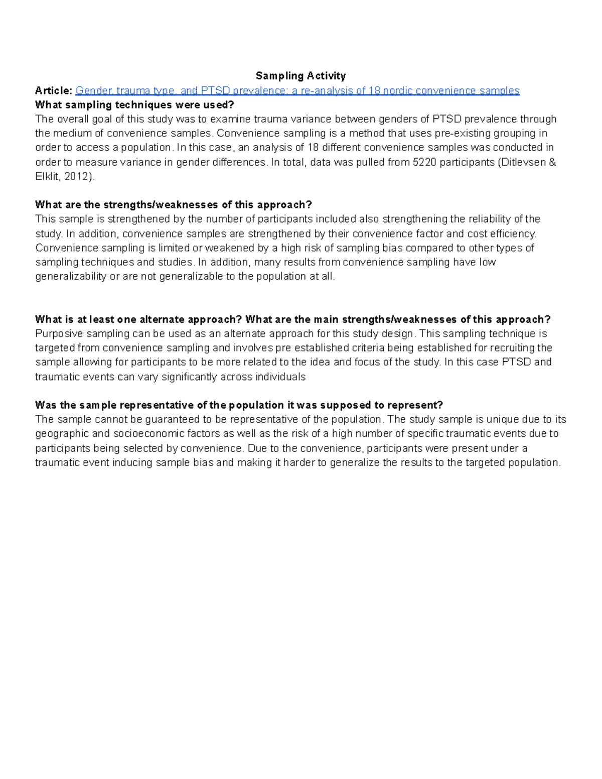 Sampling Activity - Sampling Activity Article: Gender, trauma type, and ...