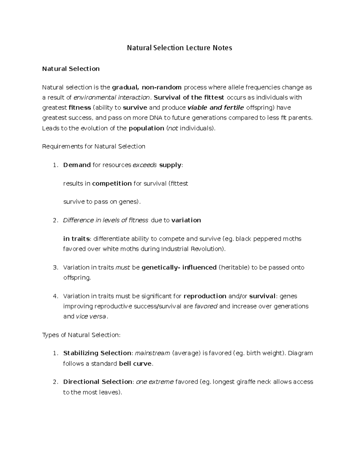Natural Selection Lecture Notes - Natural Selection Lecture Notes ...