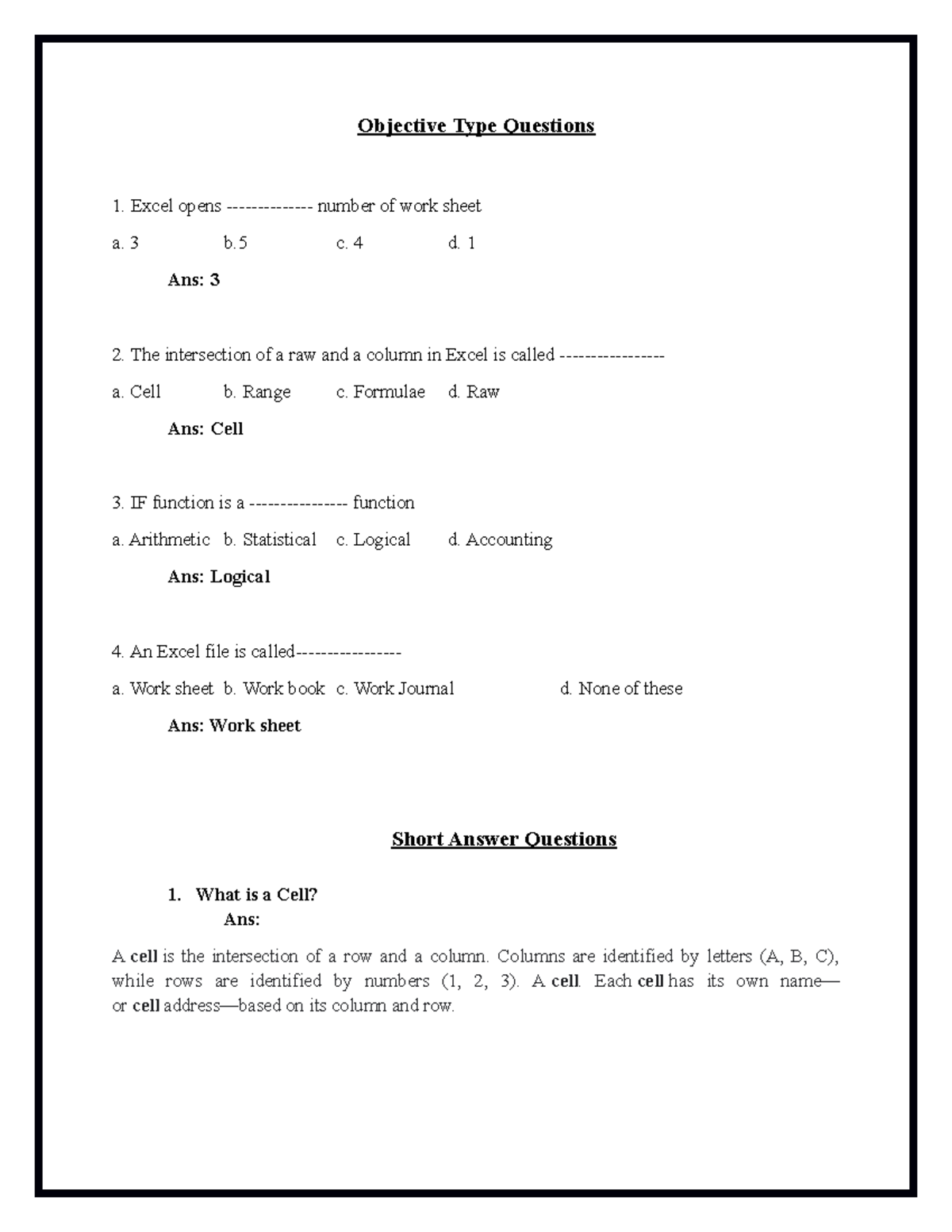 Model Questions 5th module - Objective Type Questions Excel opens ...