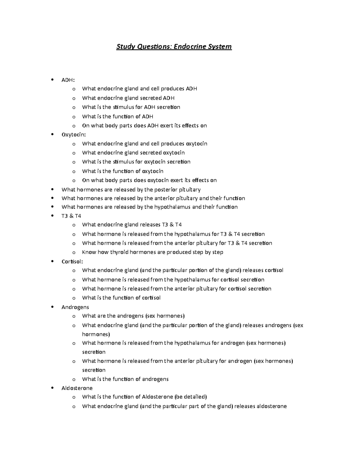 Endocrine System - Study Questions: Endocrine System ADH: o What ...