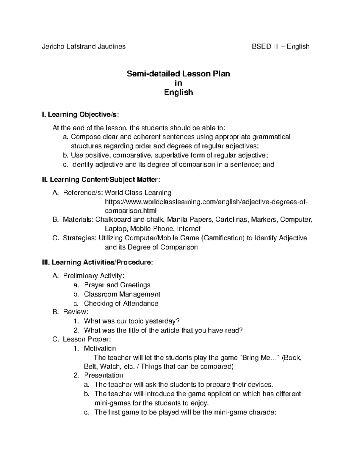 Semi-Detailed Lesson Plan in Subject-Verb Agreement (Jaudines ...