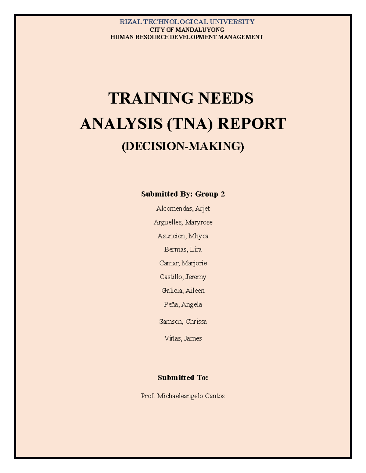 TNA- Report Group-2 Decision- Making - Marketing Management - TIP - Studocu