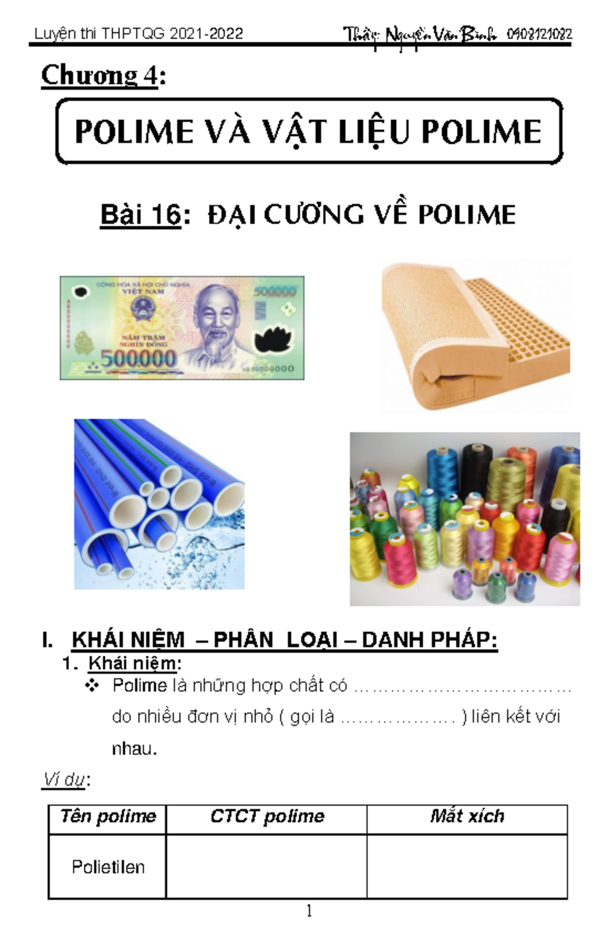Chuong 4 ( Polime - VAT LIEU Polime ) - học sinh - Chương 4: POLIME VAØ ...