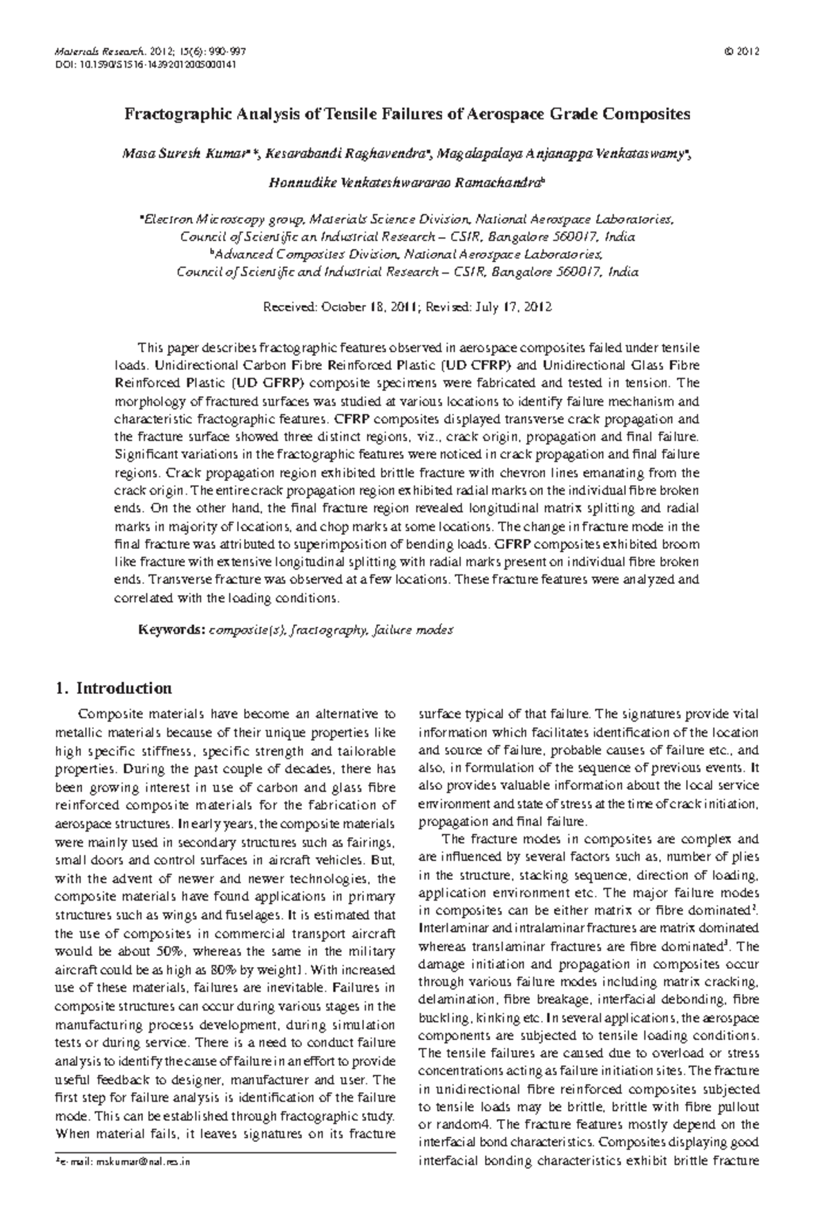 Fractographic Analysis of Tensile Failures of Aero - *e-mail: mskumar ...