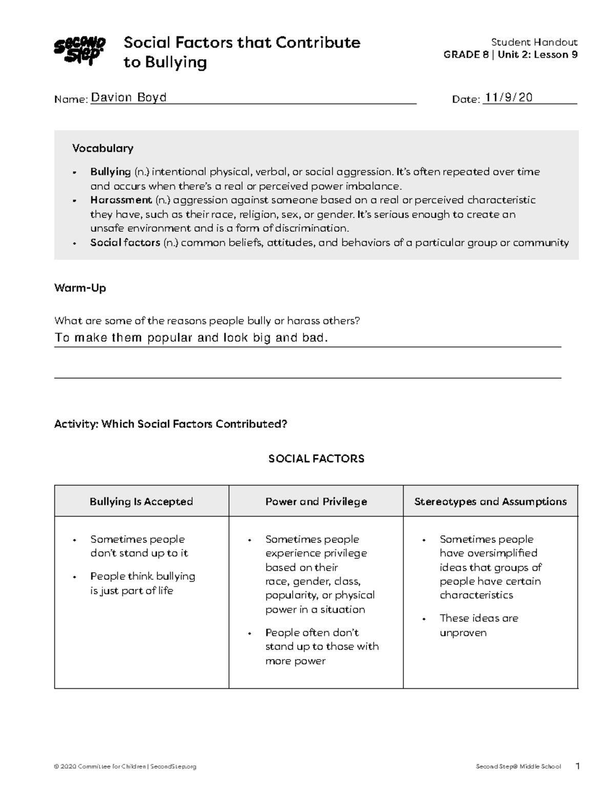 Ssms g8 u2 09 student handout - Social Factors that Contribute to ...