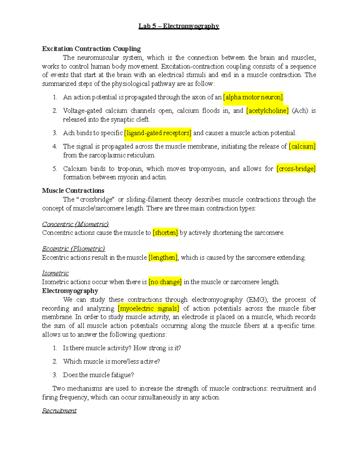 KIN301 Lab 5 Electromyography 2 - Excitation Contraction Coupling The ...