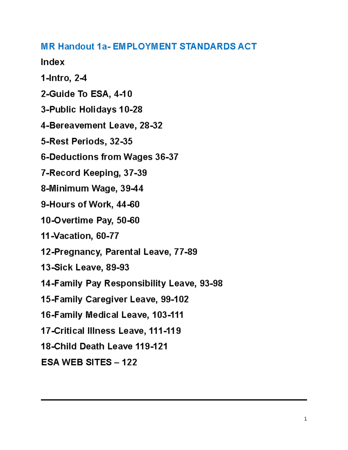 Handout MR 2a-Employment Standards Act - MR Handout 1a- EMPLOYMENT ...