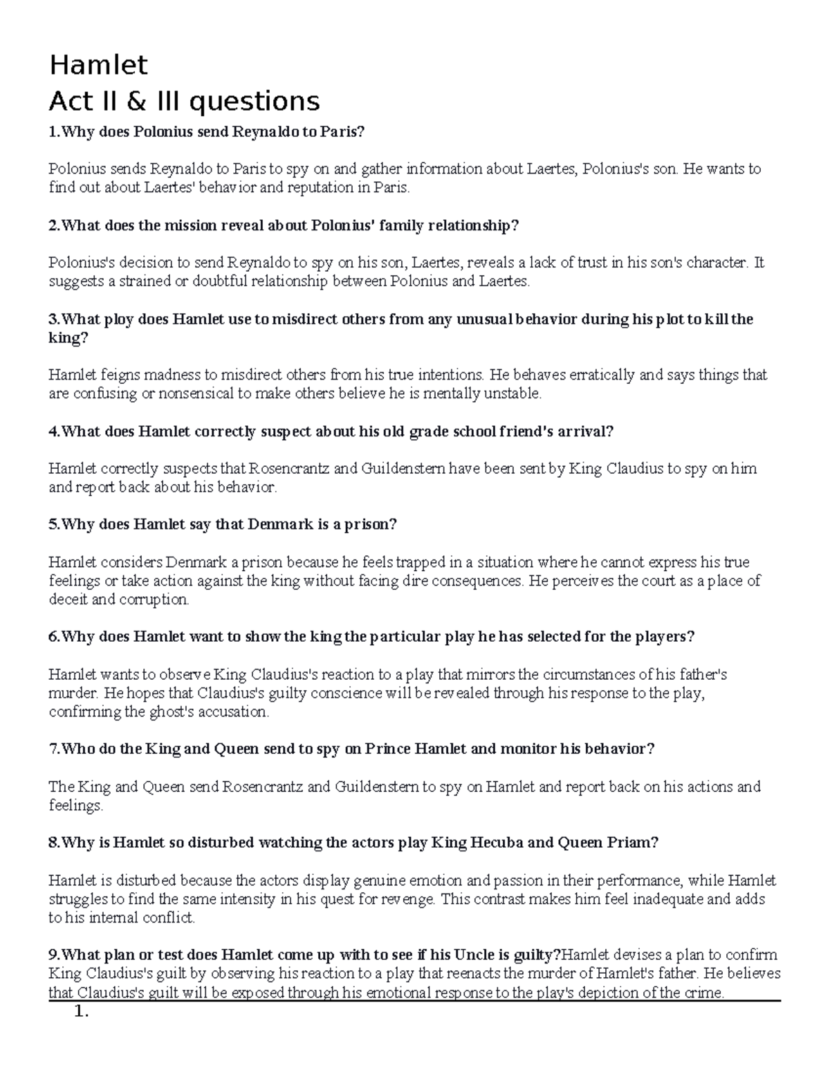 Hamlet Actii saddleback questions - Hamlet Act II & III questions 1 ...