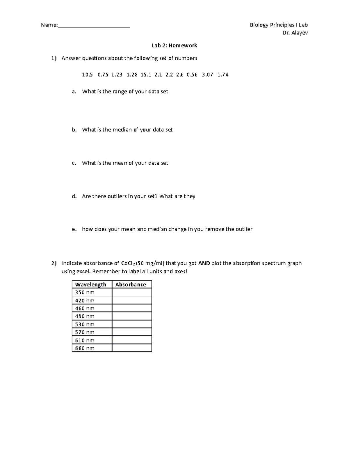 Lab 2 Hw Lab Worksheets Name Biology Principles I Lab Dr Alayev Lab 