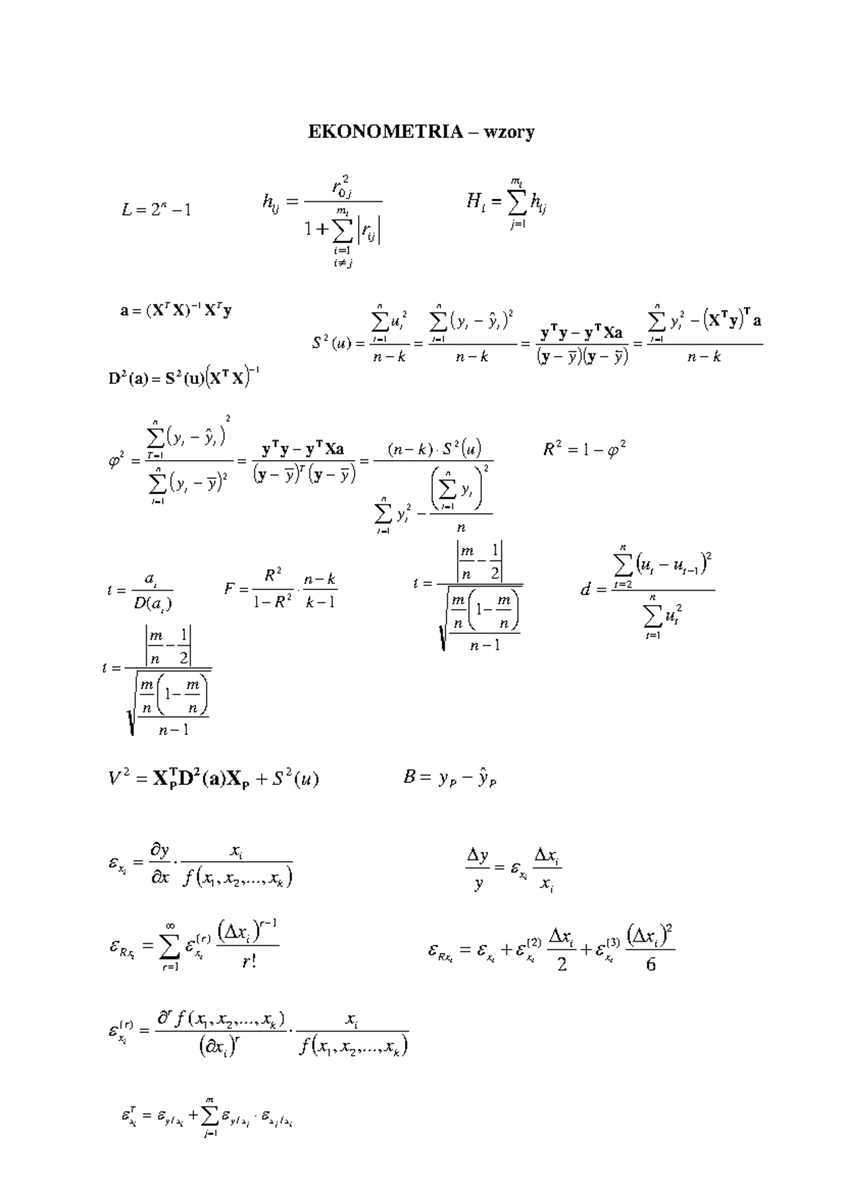 Wzory ekonometria - EKONOMETRIA – wzory 1 1 2 1 n n m n m n m t - Studocu