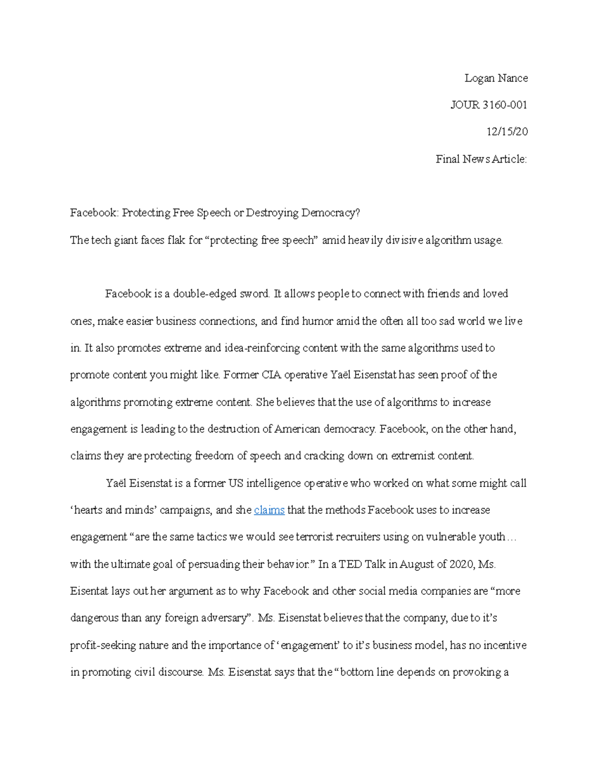 Final News Article Logan Nance - Logan Nance JOUR 3160- 12/15/ Final ...