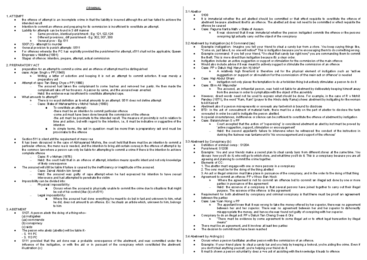 Criminal notes - CRIMINAL 1. ATTEMPT the offence of attempt is an ...