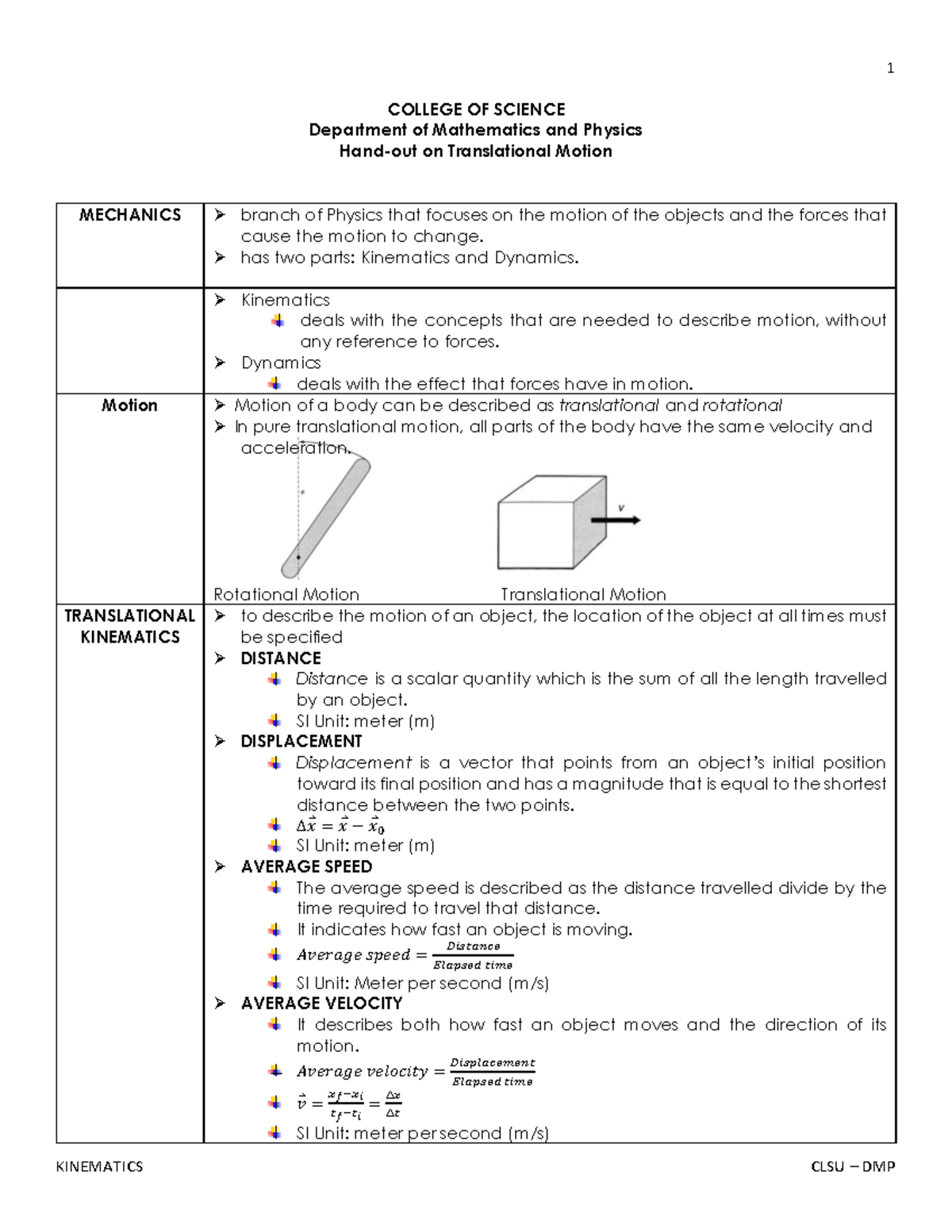 Translational Kinematics - Physics - COLLEGE OF SCIENCE Department of Mathematics and Physics ...