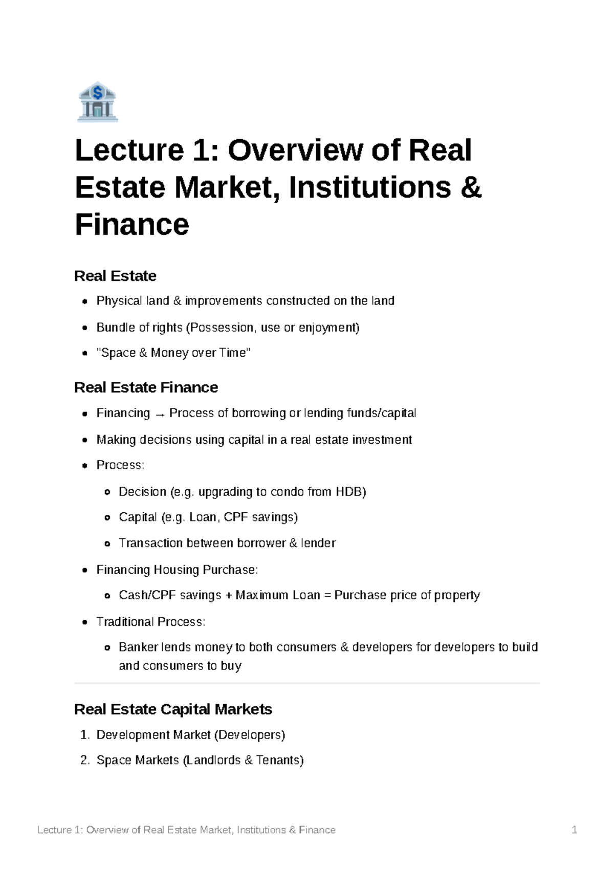 Lecture 1 Overview of Real Estate Market Institutions Finance ...