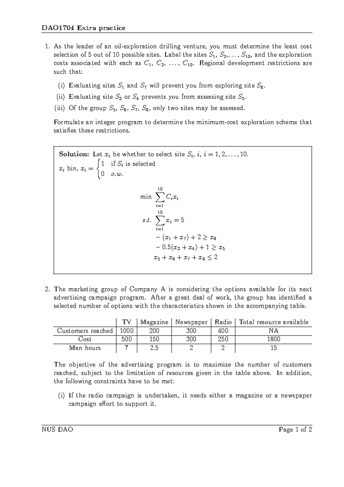 Discrete Optimization Extra Questions Dao1704 Extra Practice As The