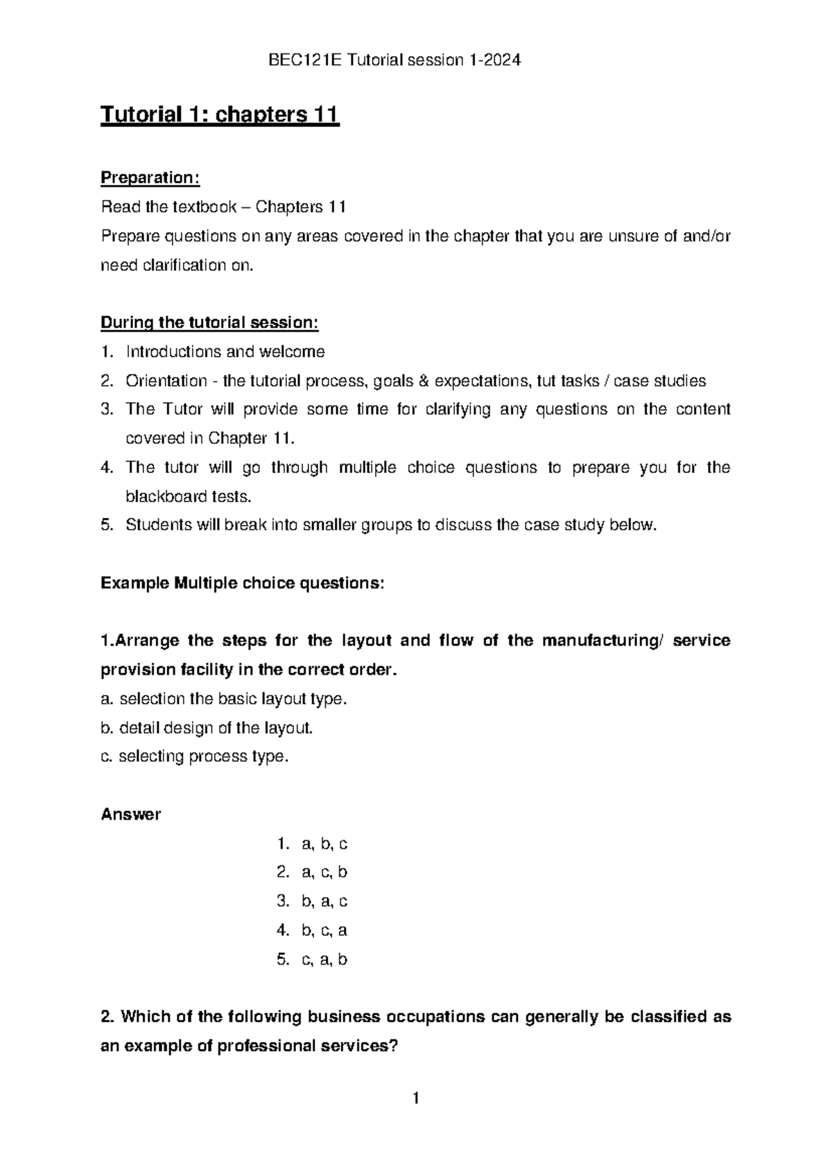 Tutorial 1 Chapter 11 - Tutorial 1 : chapters 11 Preparation: Read the ...