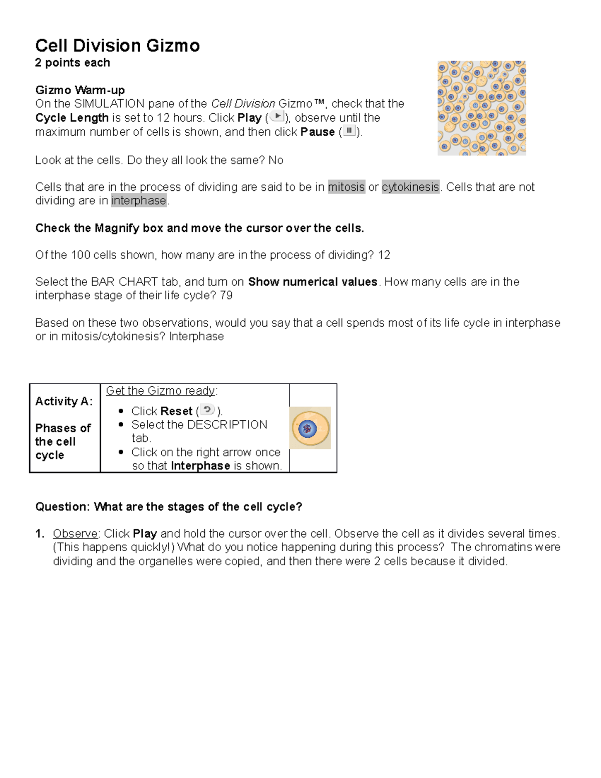 Cell Division Gizmos - Click Play ( ), observe until the maximum number ...