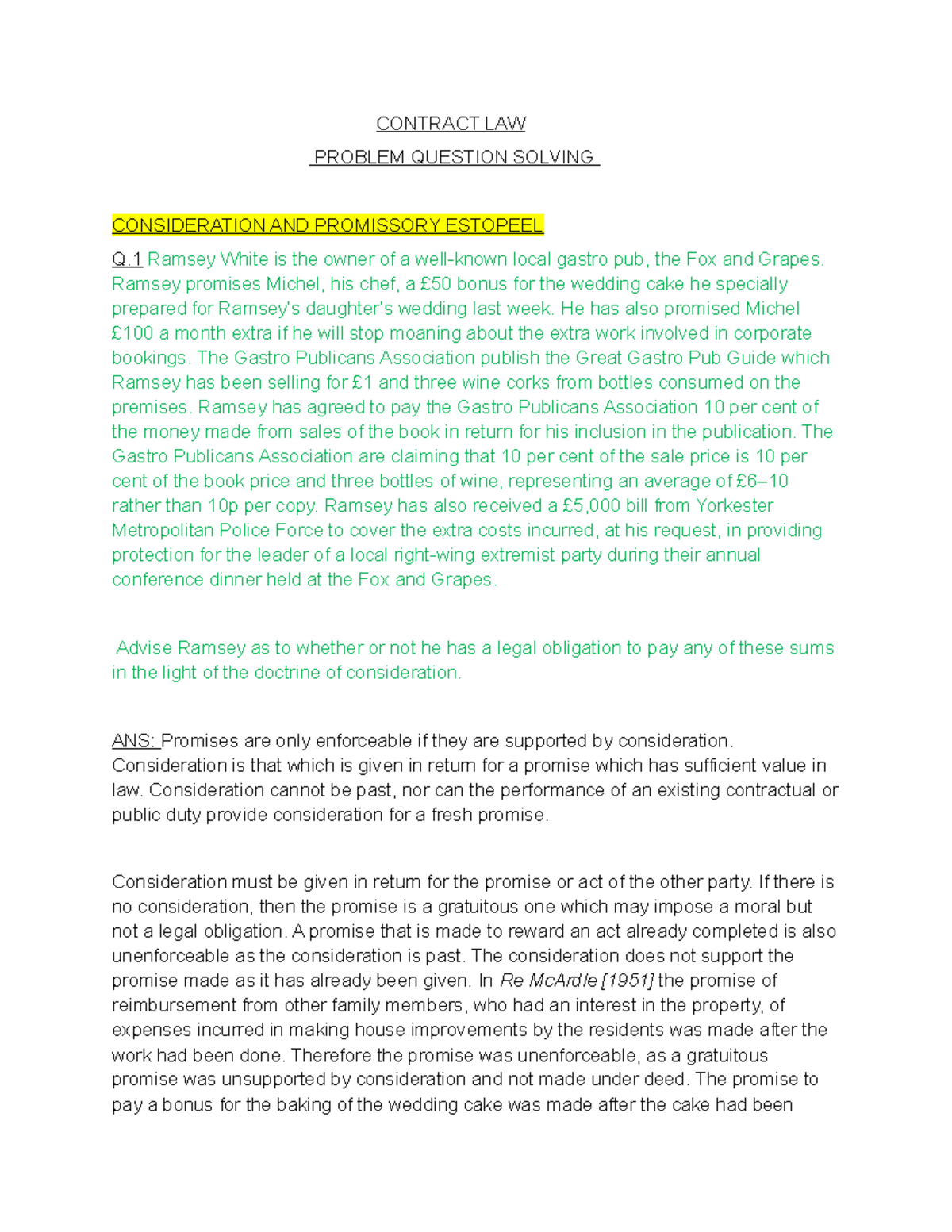 Consideration Problem Question Solving (Contract law) - CONTRACT LAW PROBLEM QUESTION SOLVING ...