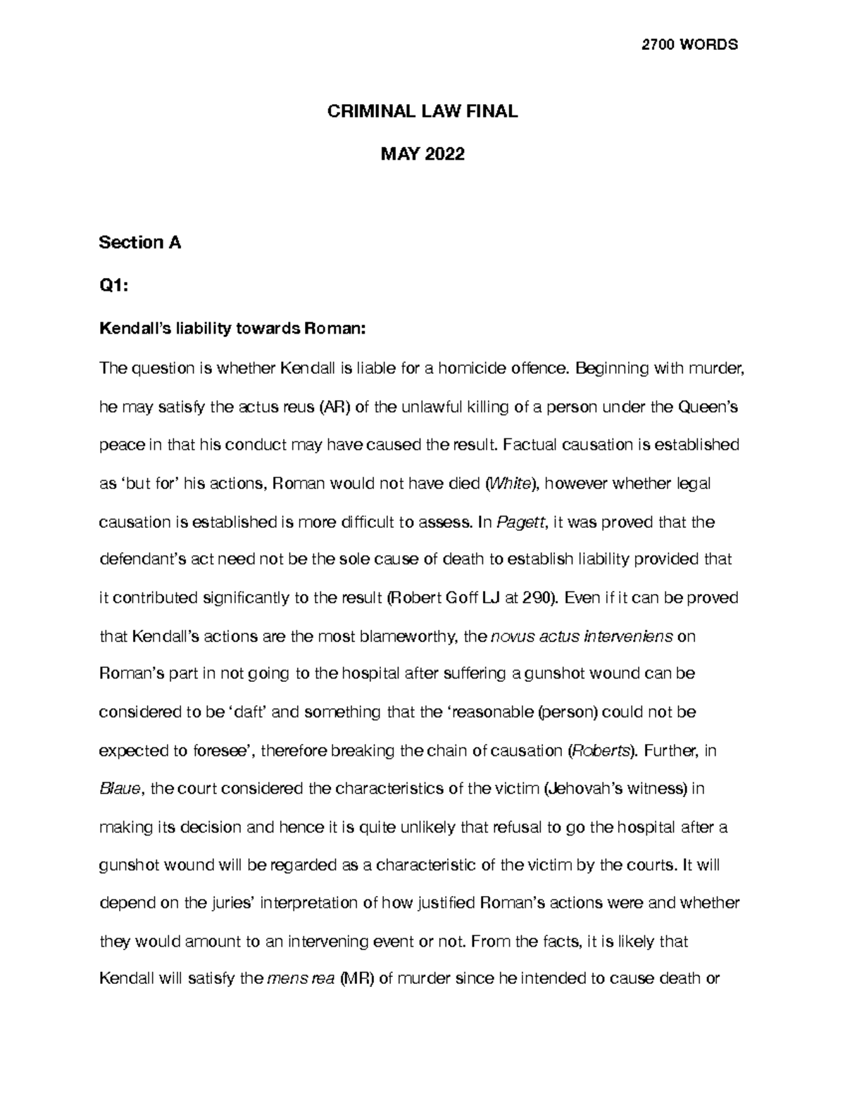 Criminal LAW PDF Final - essay - CRIMINAL LAW FINAL MAY 2022 Section A ...