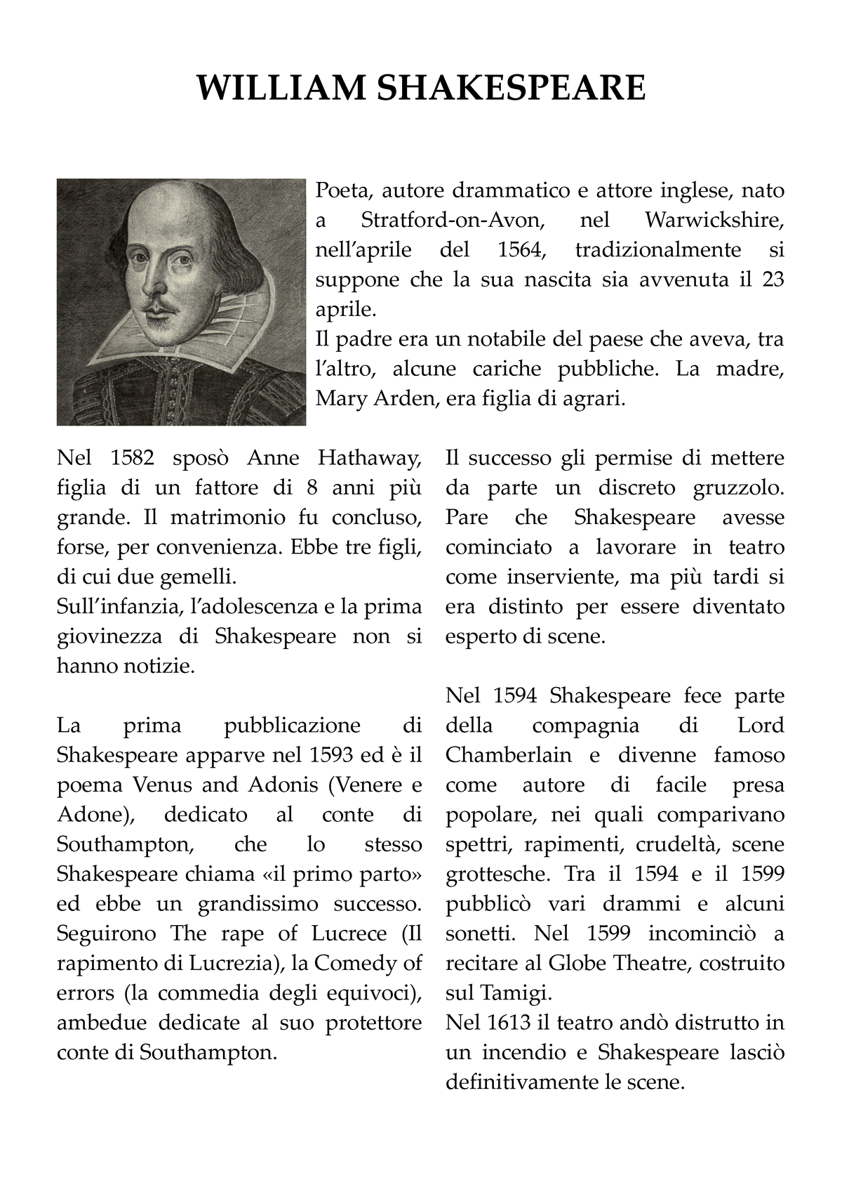 William shakespeare - appunti - WILLIAM SHAKESPEARE Poeta, autore drammatico e attore inglese ...