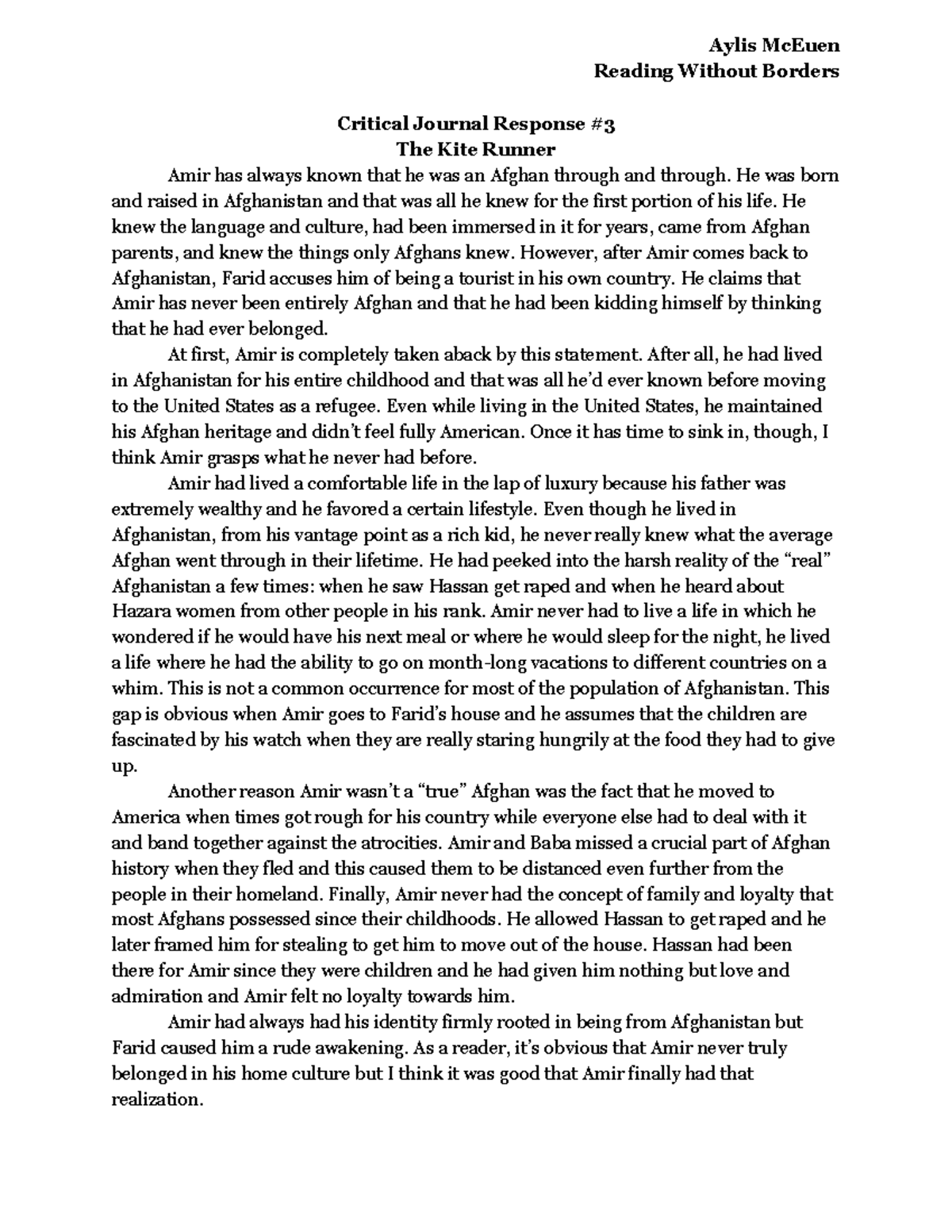 Critical Journal Response #3 Kite Runner - Aylis McEuen Reading Without ...