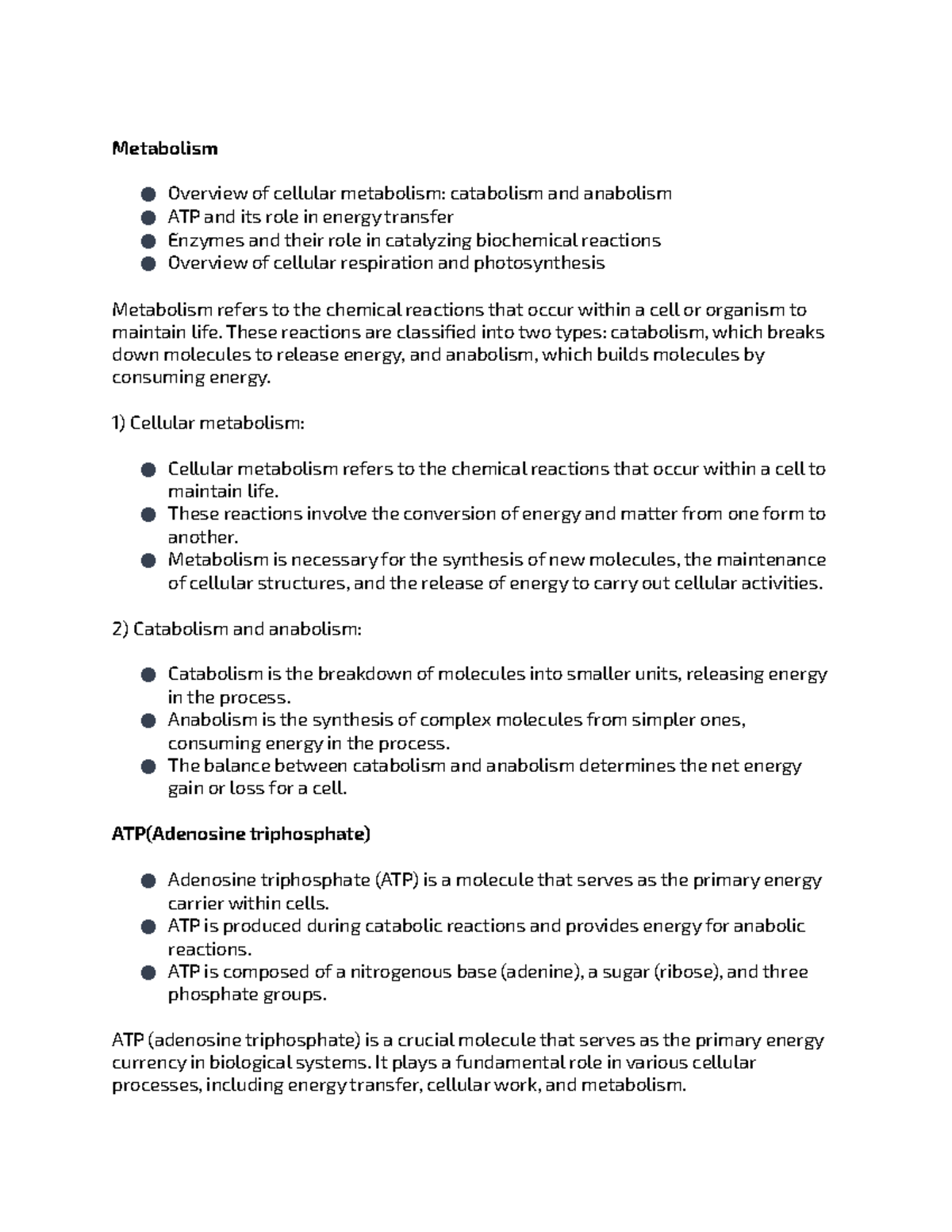 Bio Notes 4 - Metabolism Overview of cellular metabolism: catabolism ...