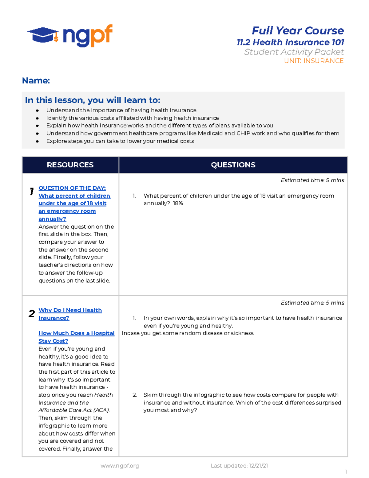 Copy of 4 Health Insurance - Full Year Course 11 Health Insurance 101 ...