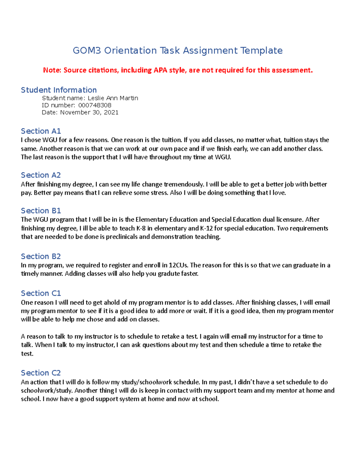 Orientation Tasks for Teacher's College - GOM3 Orientation Task Assignment Template Note: Source ...