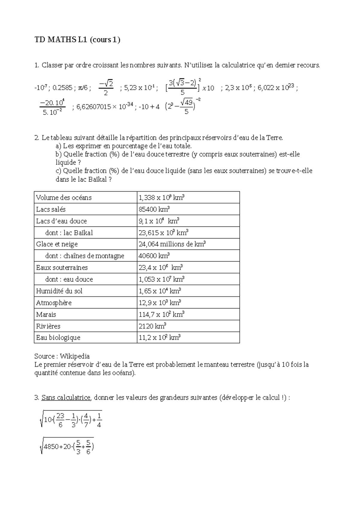 Travaux dirigés n° 1 - Mathématiques SDT - TD MATHS L1 (cours 1) Classer par ordre croissant les ...